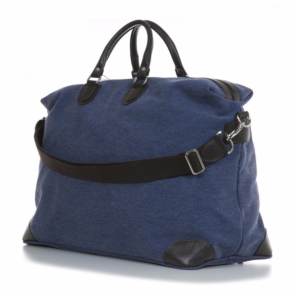 Denim Blue Washed Canvas and Pebble Leather Weekender – L'bardi